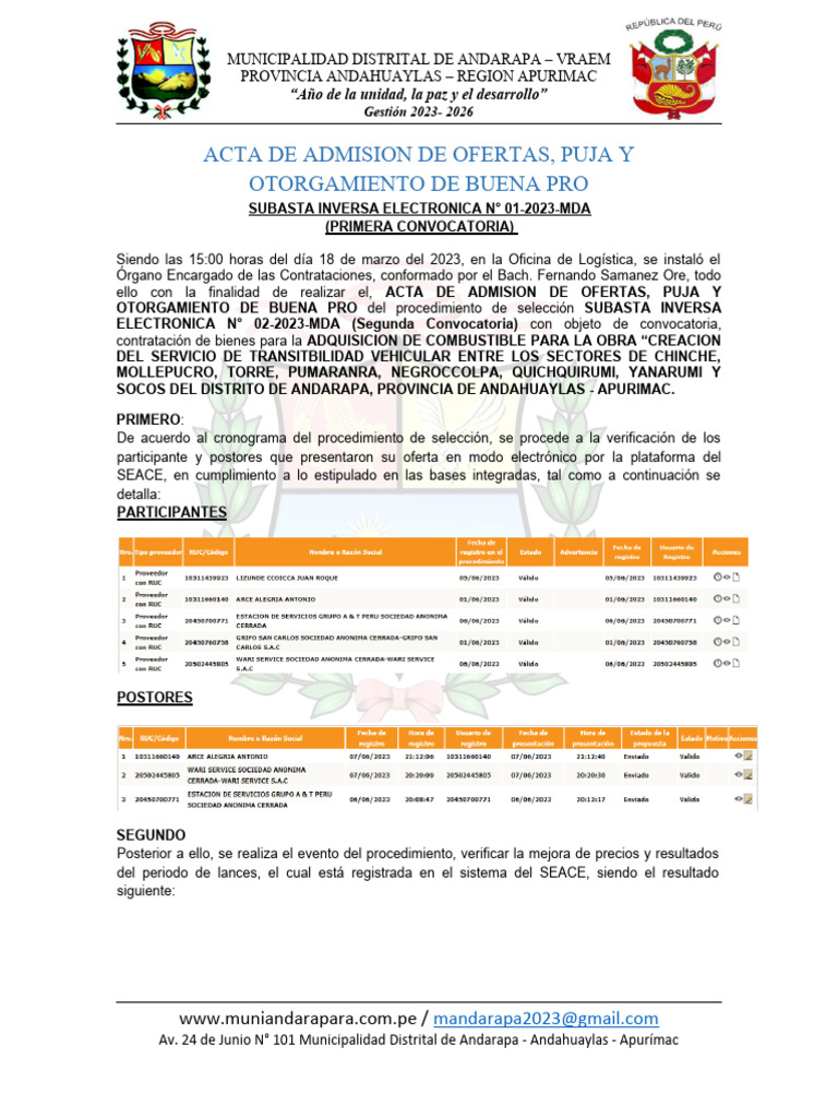 Acta de Buena Pro | PDF | Subasta