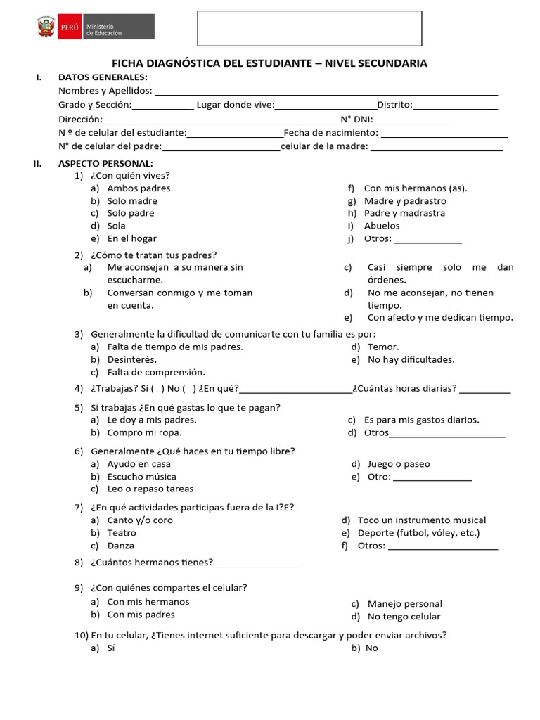 Ok Ficha Diagnòstica Del Estudiante | PDF | Aprendizaje | Sicología