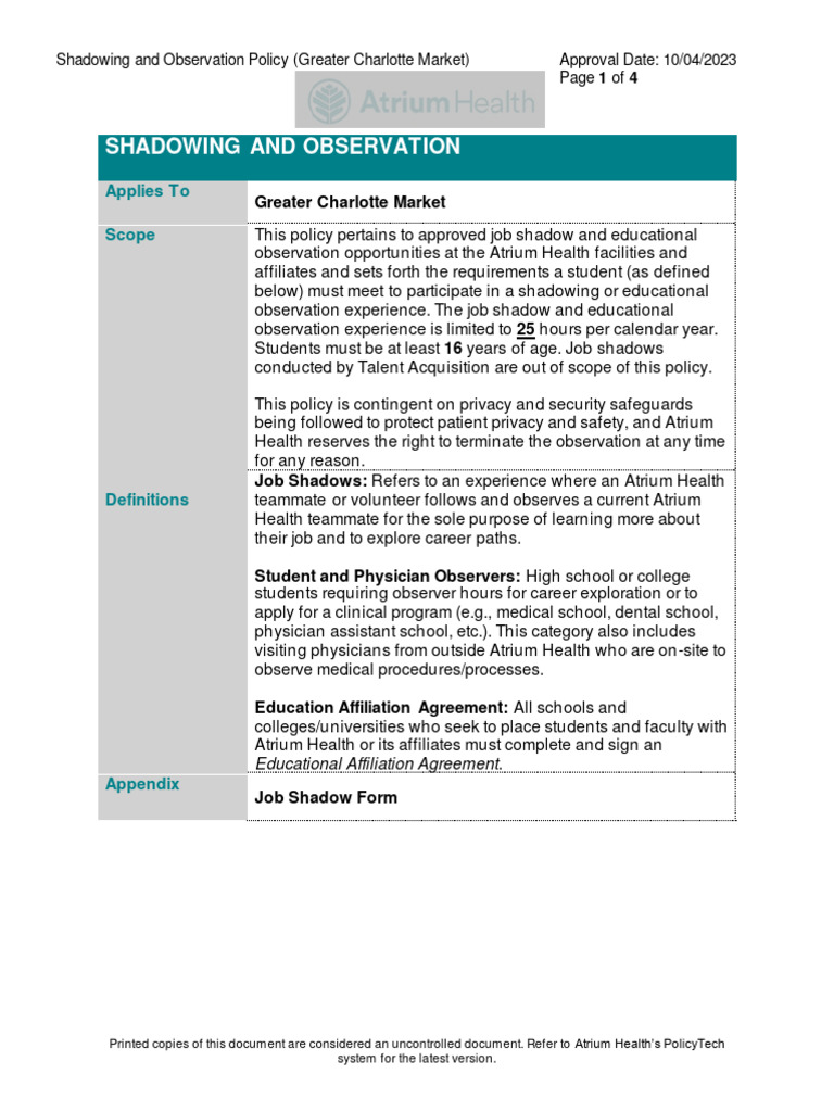 Shadowing and Observation Policy - 10.04.23 | PDF | Health Insurance ...