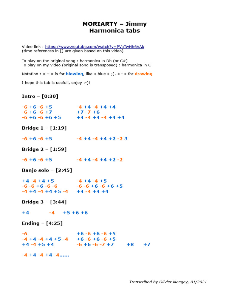 Jimmy Moriarty Harmonica Tab | PDF