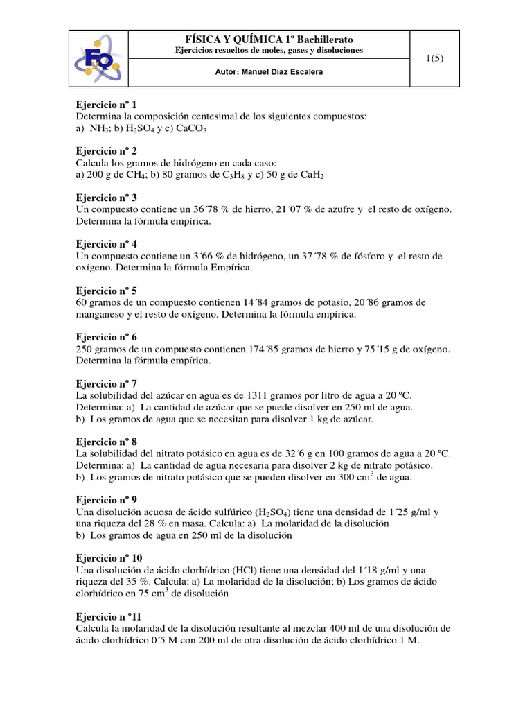 Ejercicios Resueltos de Moles, Gases y Disoluciones | Descargar gratis ...