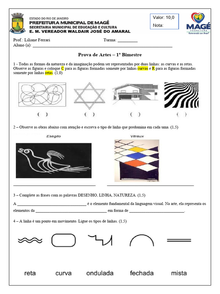 Atividades sobre Linhas e Curvas em Artes | PDF | Artes Linguísticas e ...