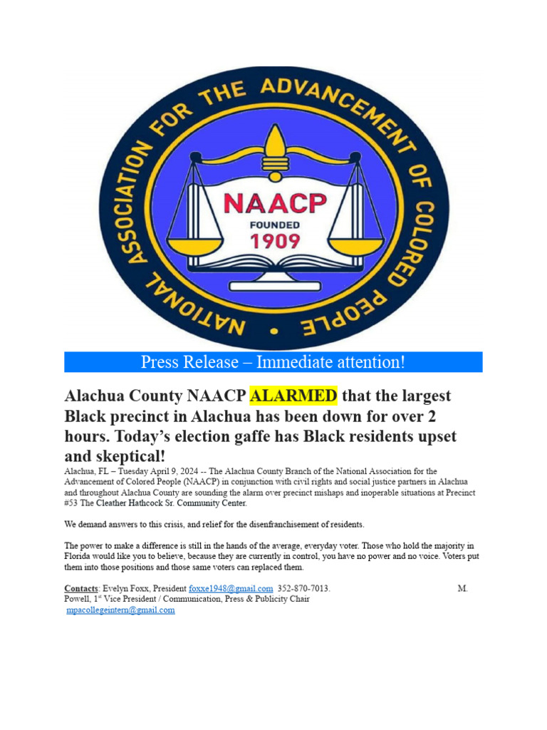Press Release - 4.9.24 NAACP Alarmed The City of Alachua Precinct 53 Down Over 2hours | PDF