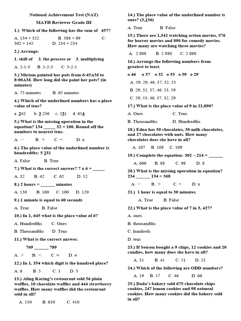 National Achievement Test MATH 3 REVIEWER | PDF | Mathematics