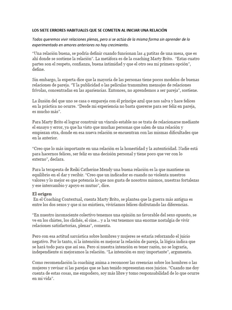 Los Siete Errores Habituales Que Se Cometen Al Iniciar Una Relación | PDF