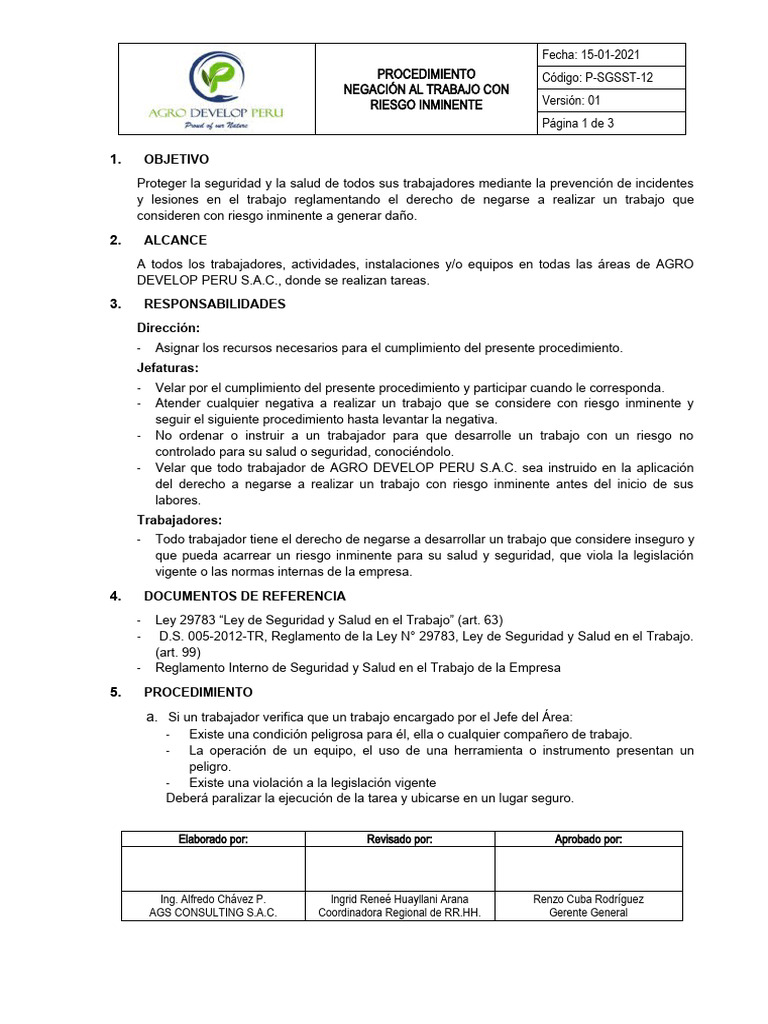 4 Procedimiento Negación Al Trabajo Con Riesgo Inminente P-SGSST-12 ... 4 Procedimiento Negación Al Trabajo Con Riesgo Inminente P-SGSST-12 ...
