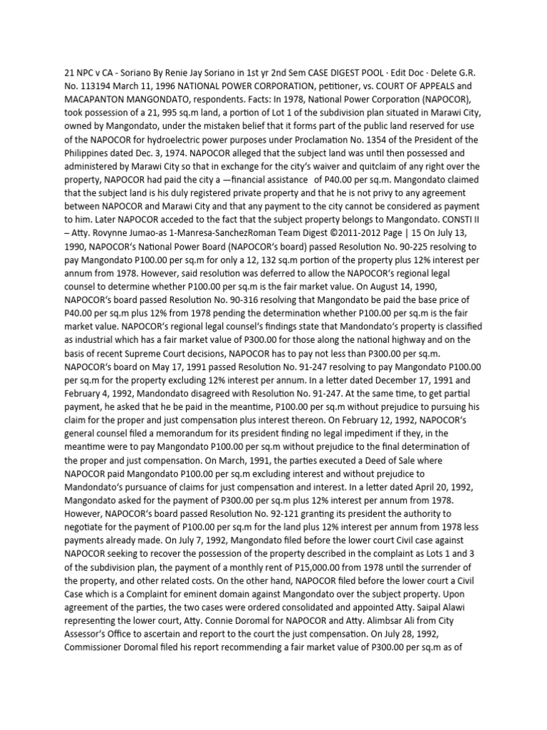 21 NPC V CA | PDF | Eminent Domain | Just Compensation