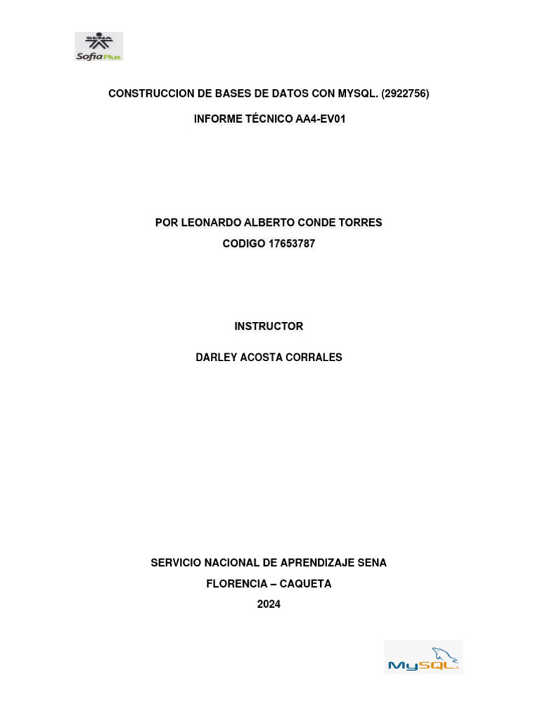 INFORME TÉCNICO AA4-EV01 | PDF | Mi sql | Bases de datos