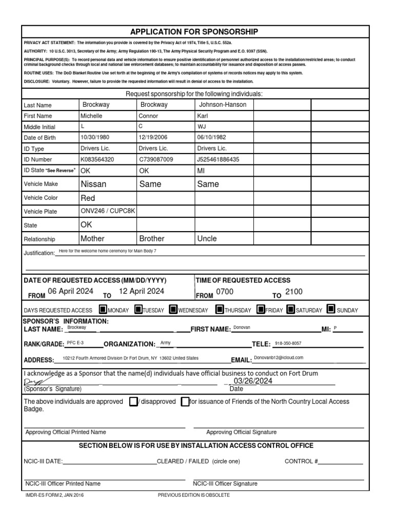 Application For Sponsorship Brockway | Download Free PDF | Identity ...