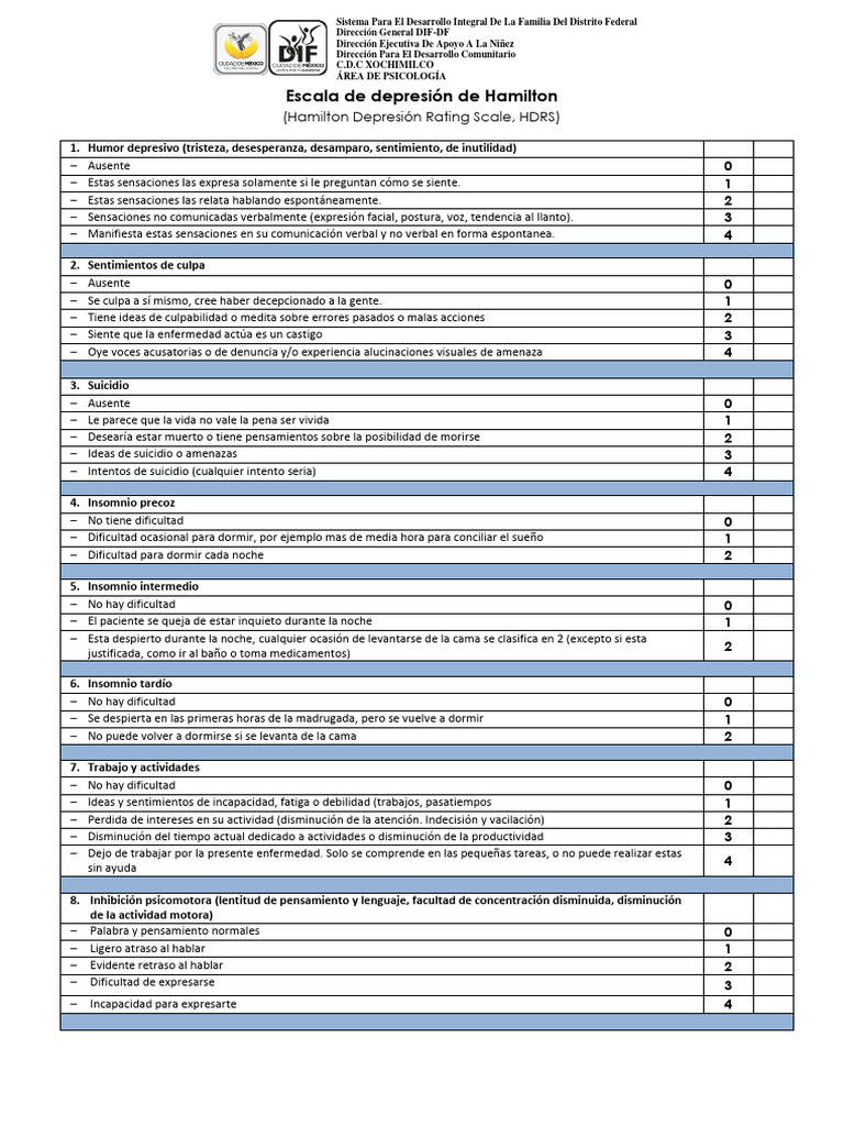 Escala de Depresión de Hamilton | PDF | Depresión (estado de ánimo ...