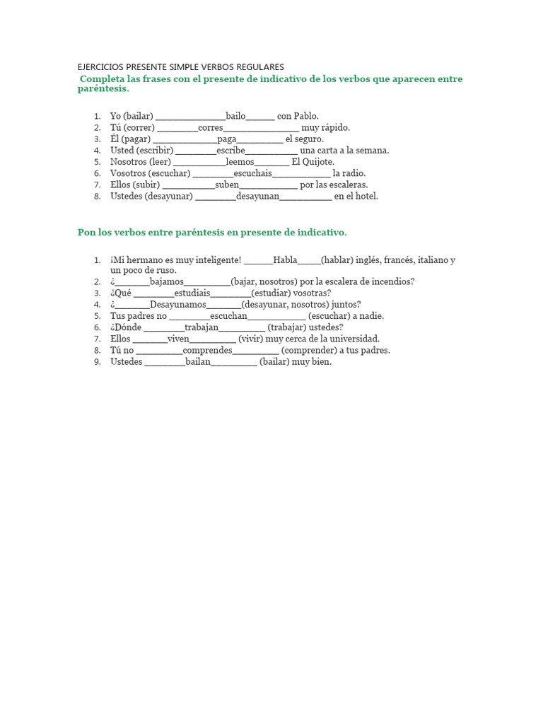 Ejercicios Presente Simple Verbos Regulares | PDF