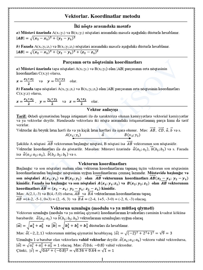 Vektorlar. Koordinatlar Metodu | PDF