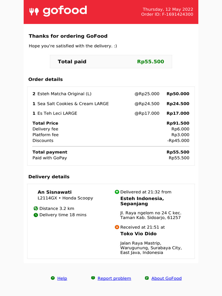 Thanks For Ordering Gofood: Order Details | PDF