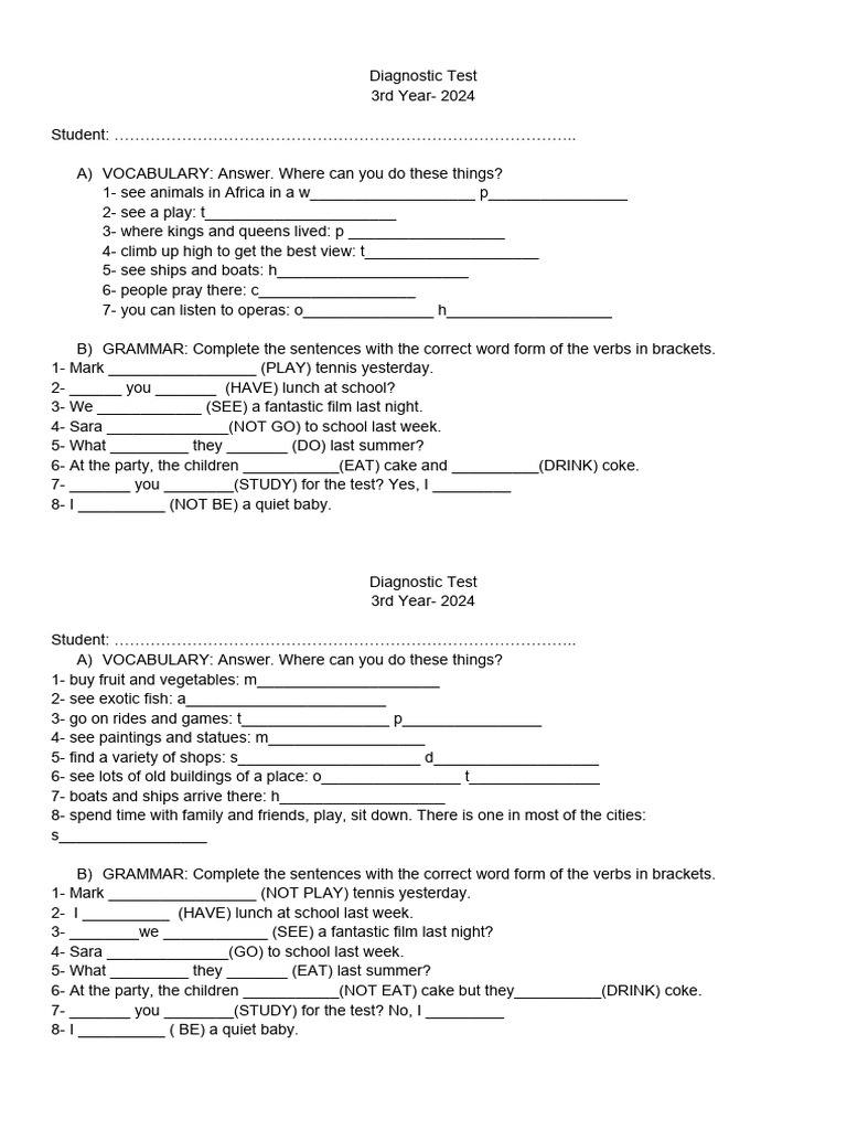 3rd Year Diagnostic Test: Vocabulary & Grammar | PDF | Home & Garden