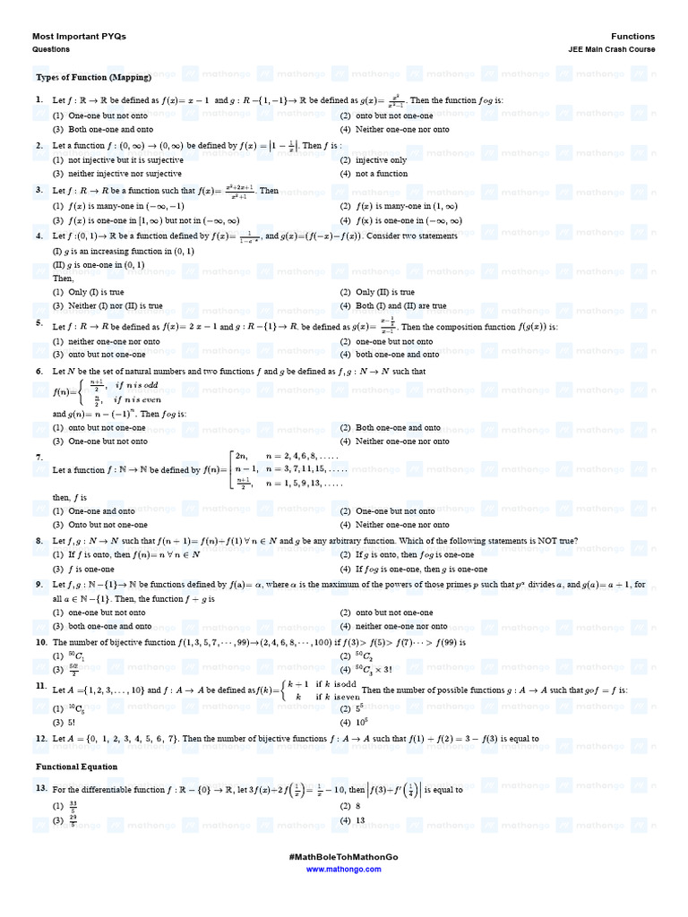 Question Most Important PYQs Functions JEE Main Crash Course MathonGo | PDF | Function ...