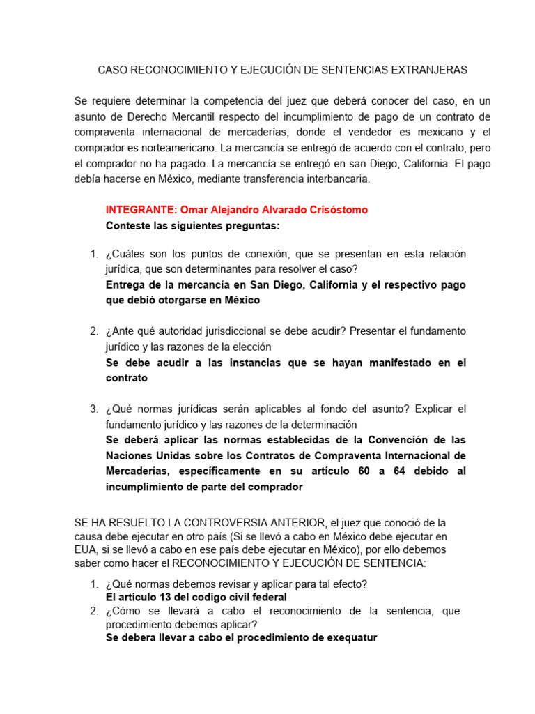Caso Reconocimiento y Ejecución de Sentencias Extranjeras | PDF ...