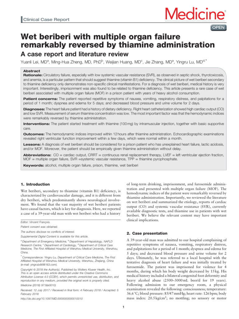 Wet Beriberi With Multiple Organ Failure Remarkably Reversed by ...