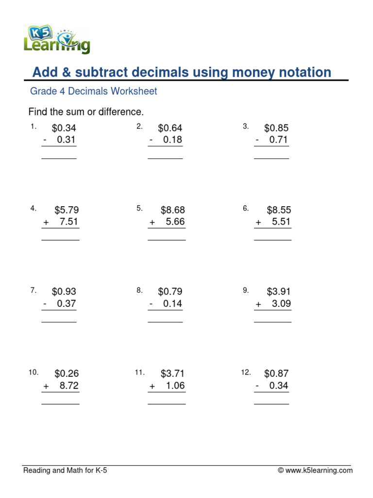 Grade 4 Decimals Money Notation A | PDF | Teaching Methods & Materials