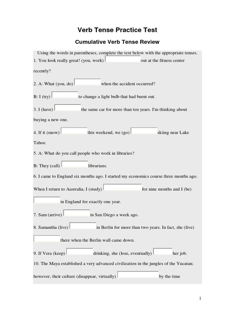 Verb Tense Practice Test | PDF