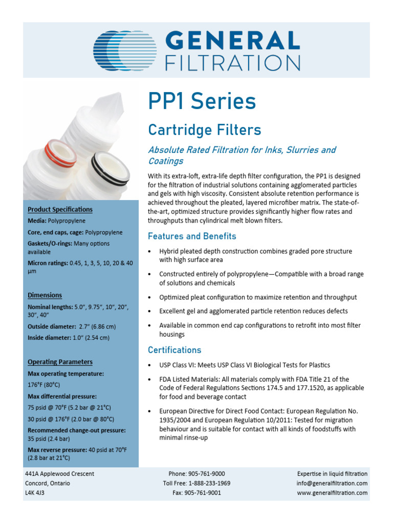 PP1 Cartridge Filters for Liquid Filtration | PDF | Filtration | Materials
