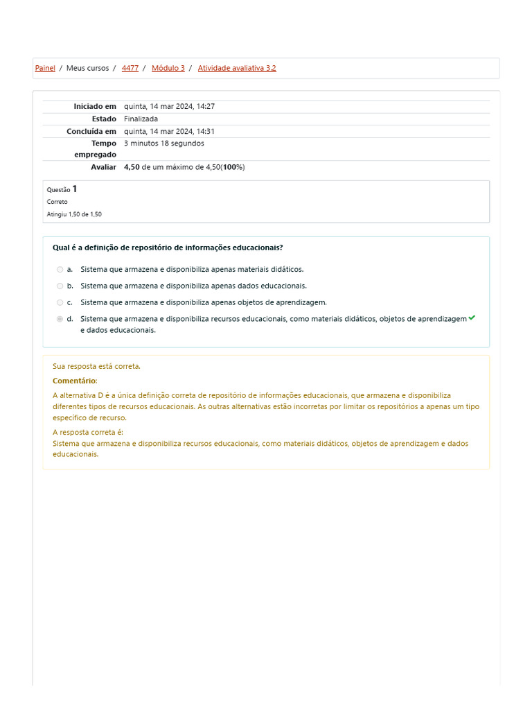 Atividade Avaliativa 3.2 - Revisão Da Tentativa | PDF | Aprendizado