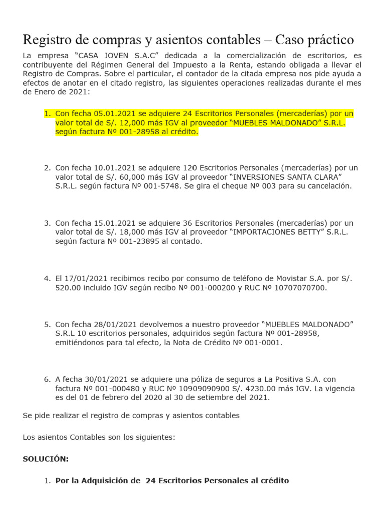 Registro de compras y asientos contables ejemplos (4) | PDF | Seguro ...