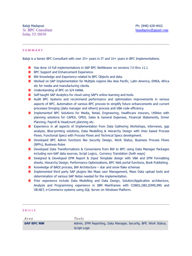 Balaji Madapusi SAP BPC | PDF | Ibm Db2 | Information Technology