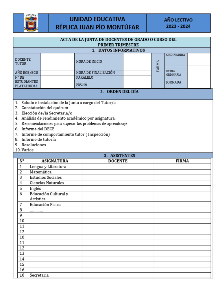 Formato Acta Junta de Curso 1º Trimestre 2023-2024 | PDF