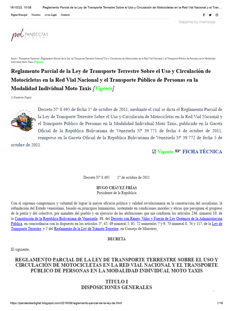 Reglamento Parcial de La Ley de Transporte Terrestre Sobre El Uso y Circulación de Motocicletas ...