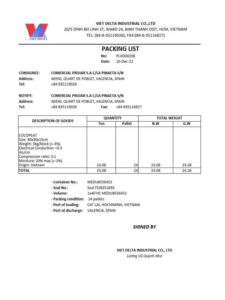 Packing List and Comercial Voice | Download Free PDF | Vietnam