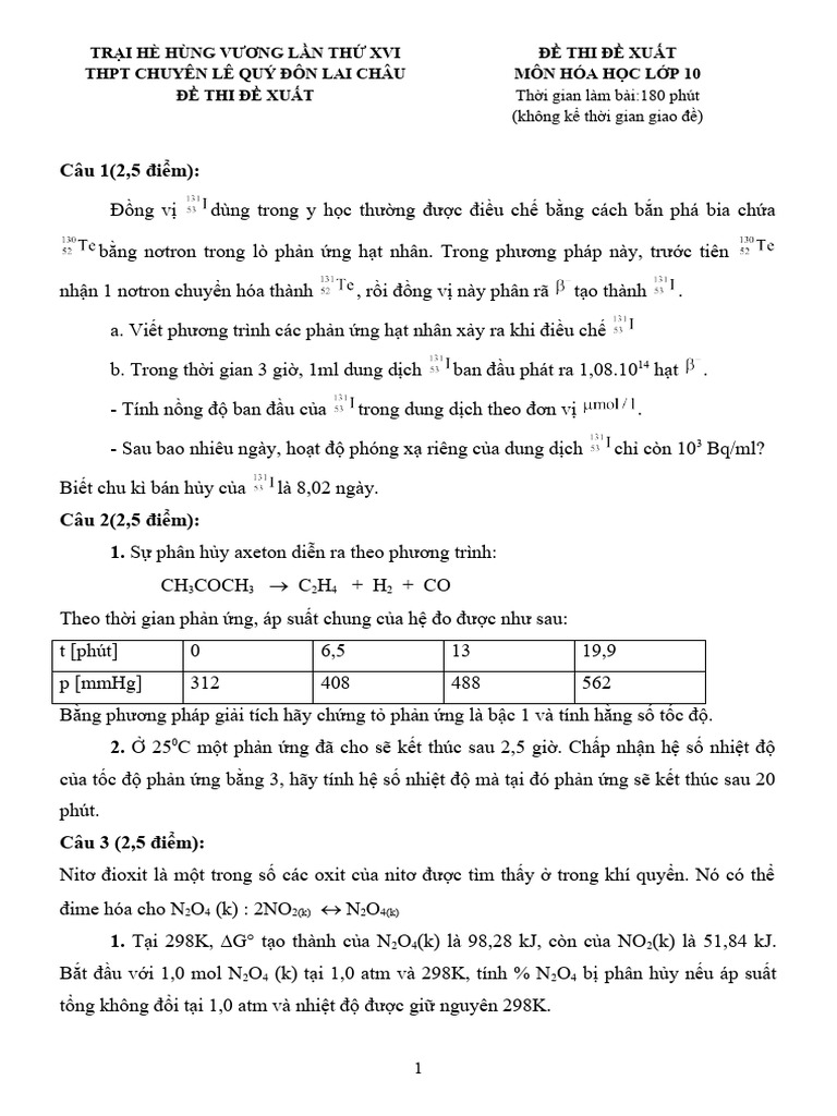 De - Hoa Hoc 10 - Lai Chau | PDF