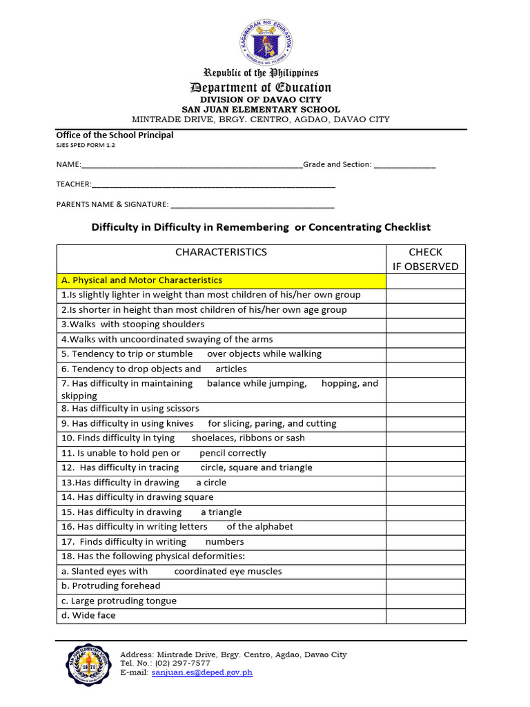 Agdao Elementary School SPED Checklist | PDF | Cognition | Cognitive ...