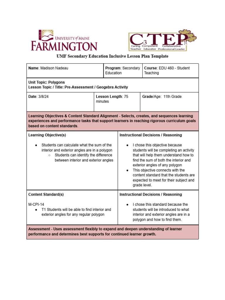 Tws Pre-Assessment Geogebra Activity Lesson Plan | PDF | Learning | Teachers