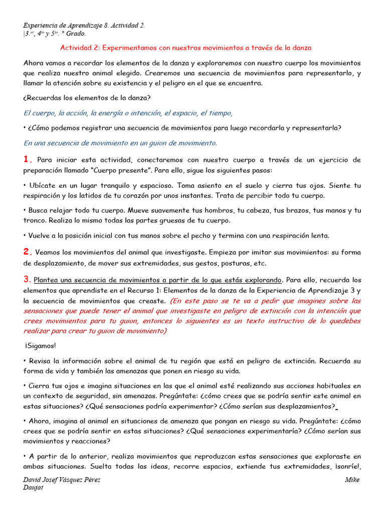 Arte30 3ro, 4to y 5to (Actividad 2 Exp 8) | PDF | Bailes | Las emociones