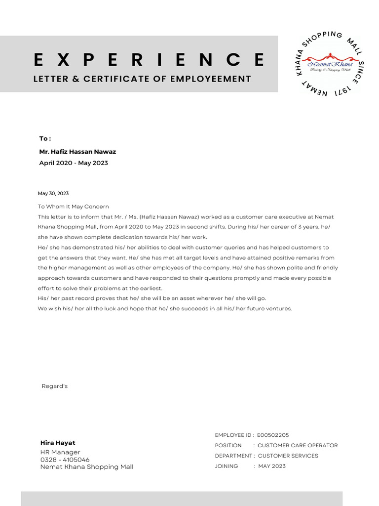 Experience Letter - Nemmat Khana | PDF