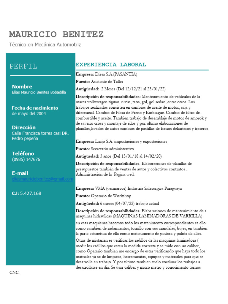 Currículum de Técnico Automotriz | PDF | Vehículo de motor | Vehículos ...