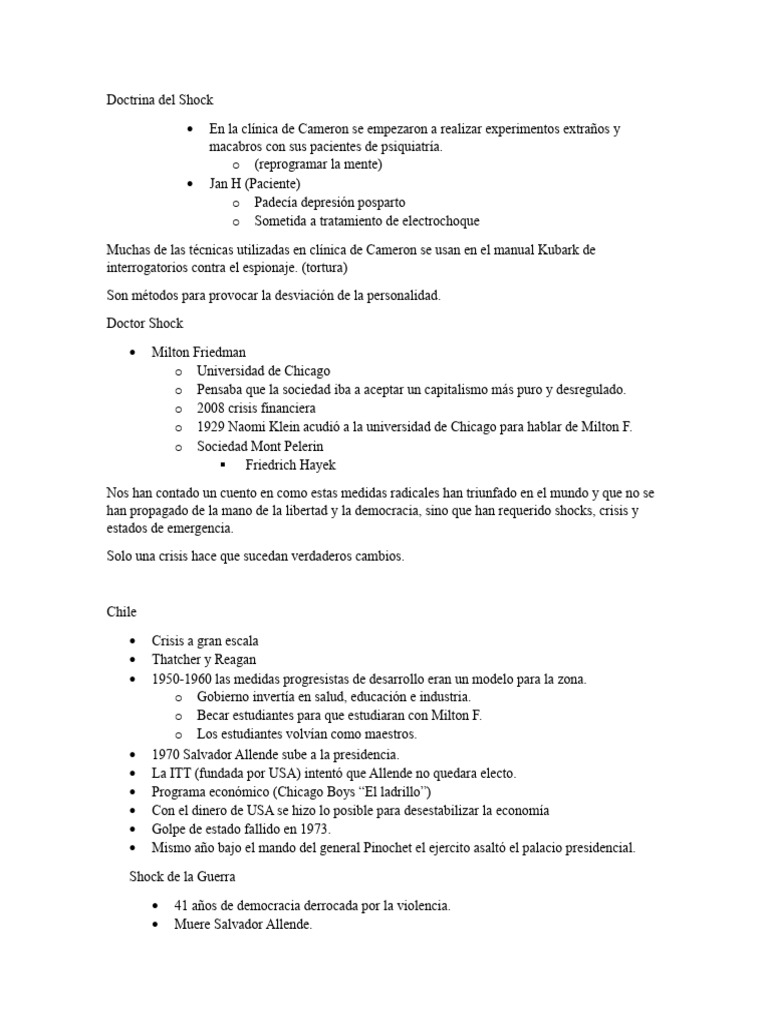Doctrina Del Shock Resumen | PDF | Milton Friedman | Margaret Thatcher