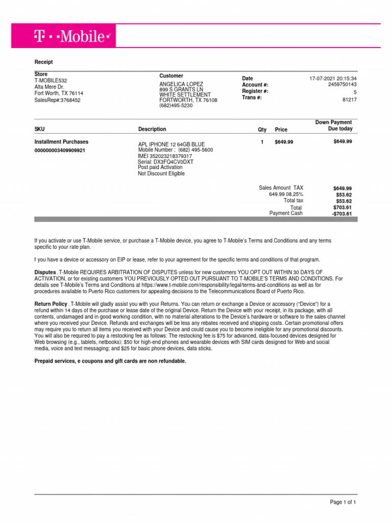 Nuevo iPhone 12 Blue | PDF | T Mobile Us | Receipt