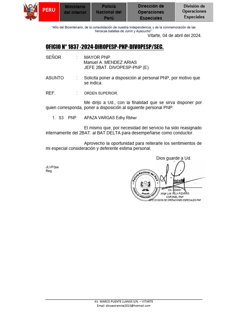 Ofc. #1837 Poner A Disposicion Al S3 PNP Apaza | PDF