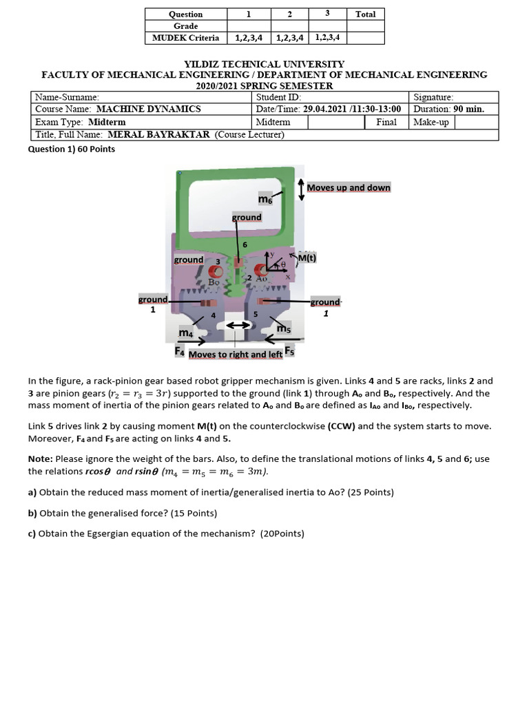 Machine Dynamics Midterm Exam | PDF | Teaching Methods & Materials