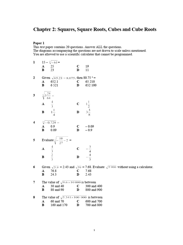 Square and Cube Roots Test Paper | PDF | Mathematics