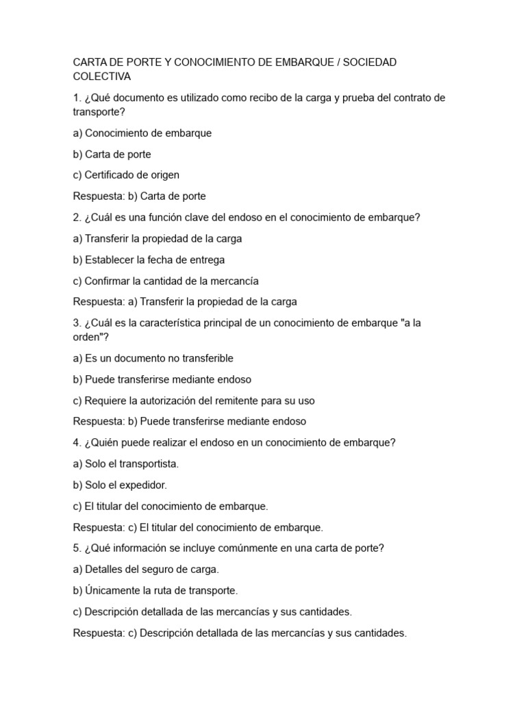 CARTA DE PORTE Y CONOCIMIENTO DE EMBARQUE | PDF | Guía de carga ...