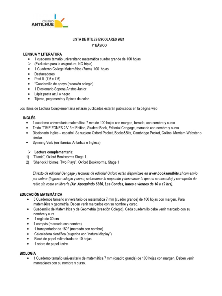 LISTA-DE-UTILES-7°-BASICO-2024 | PDF | Lápiz