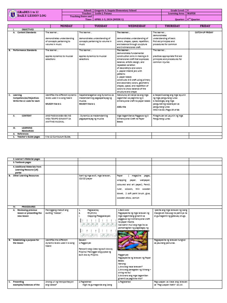 Grade 5 MAPEH Lesson Plan April 2024 | PDF | Learning