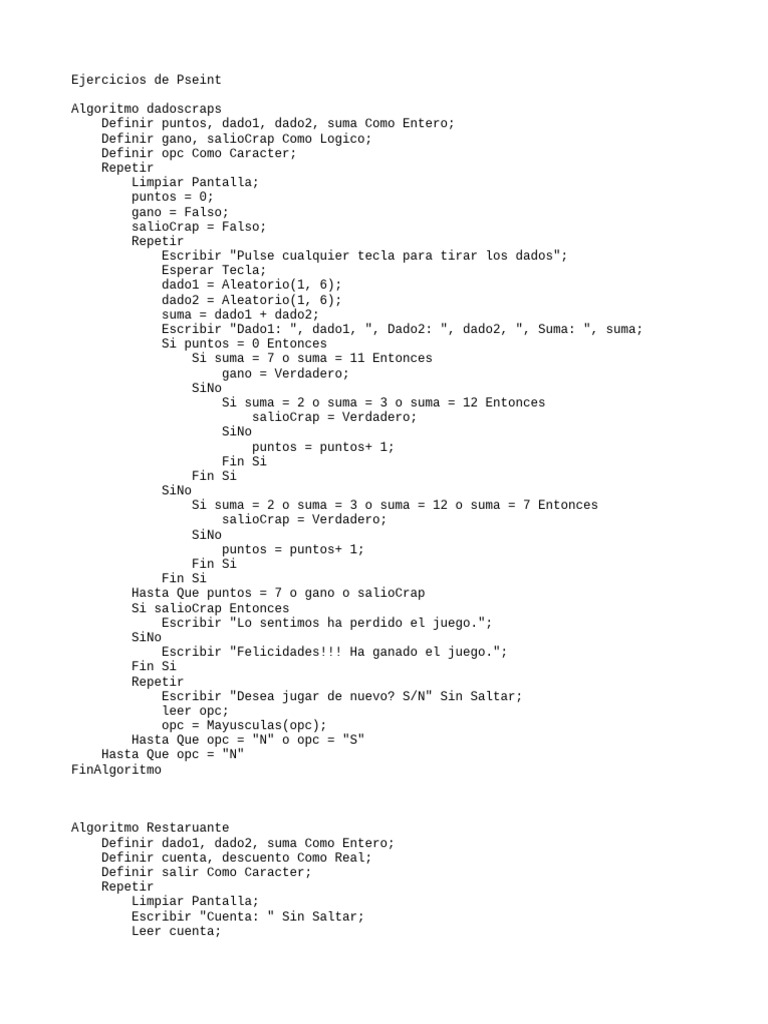 Ejercicios Dados En Pseint Pdf Ciencias De La Computación Informática