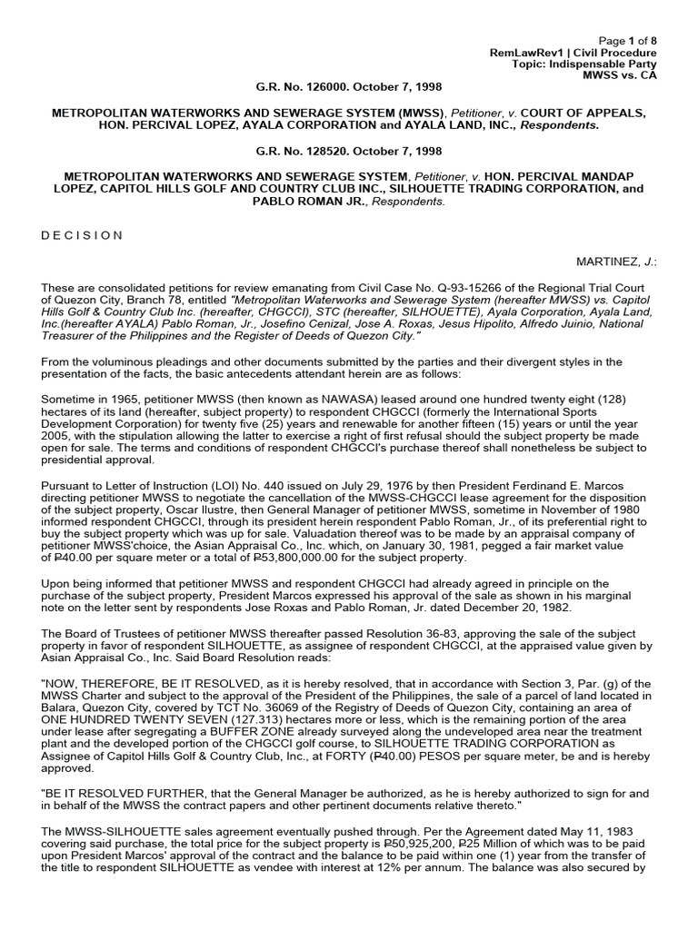 6 MWSS vs. CA - Indispensable Party | PDF | Laches (Equity) | Statute ...