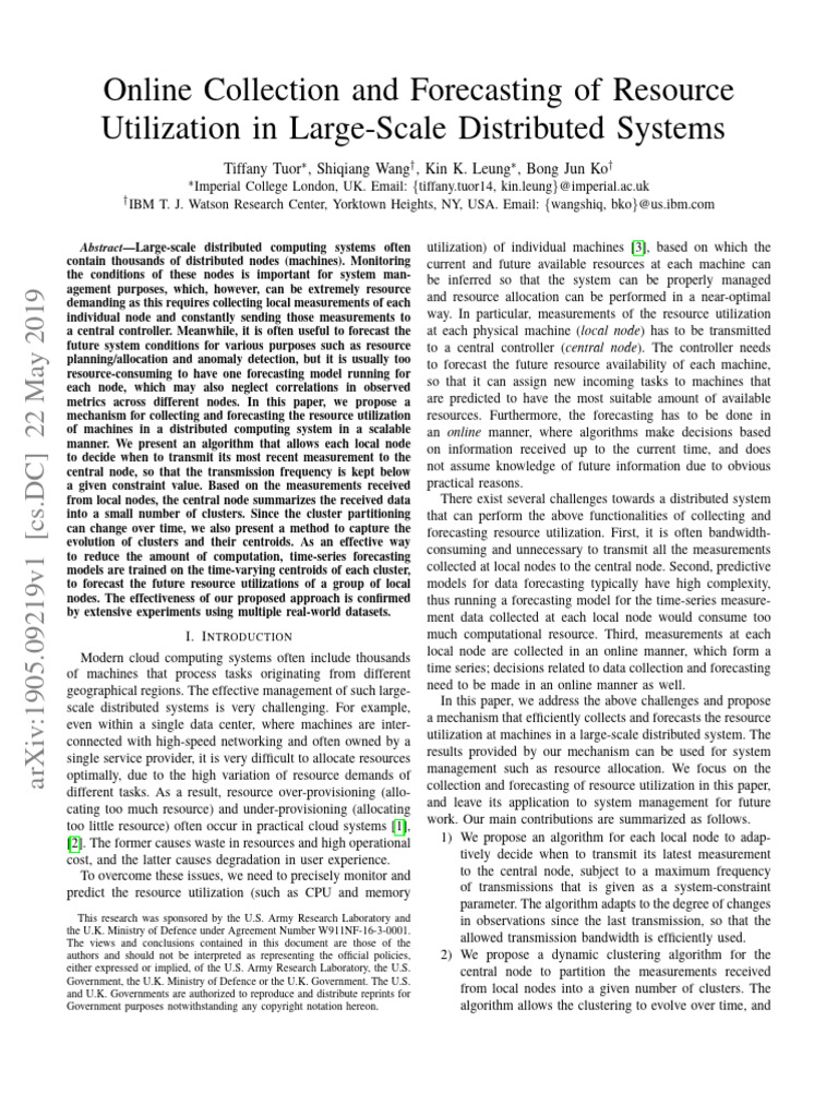Online Collection and Forecasting of Resource Utilization in Large-Scale Distributed Systems ...