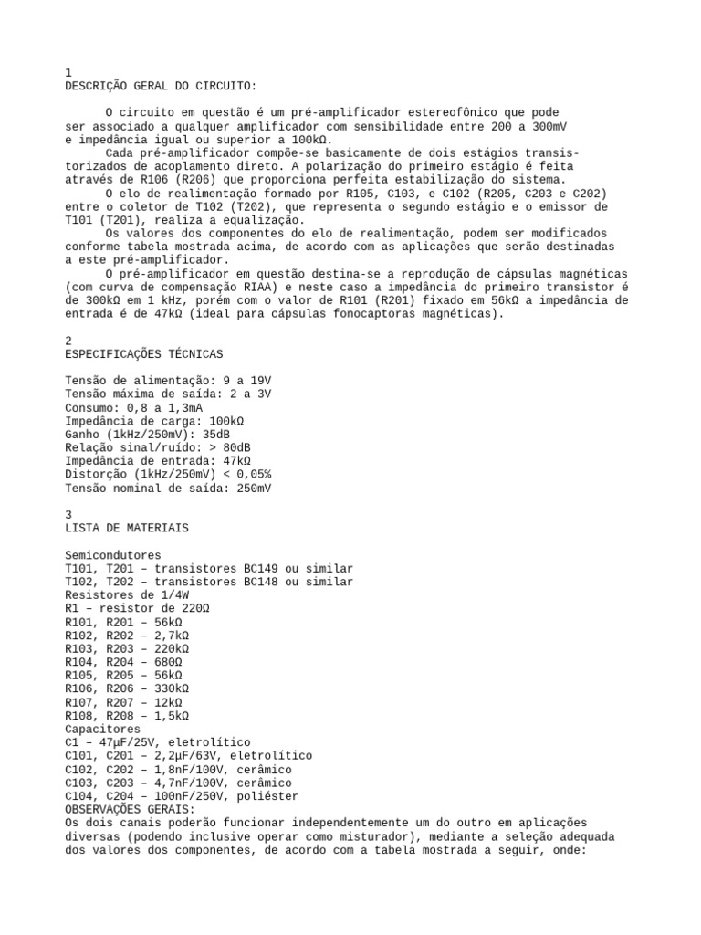 Pre-Amplificador Phono Projeto | Download grátis PDF | Impedância elétrica | Barulho