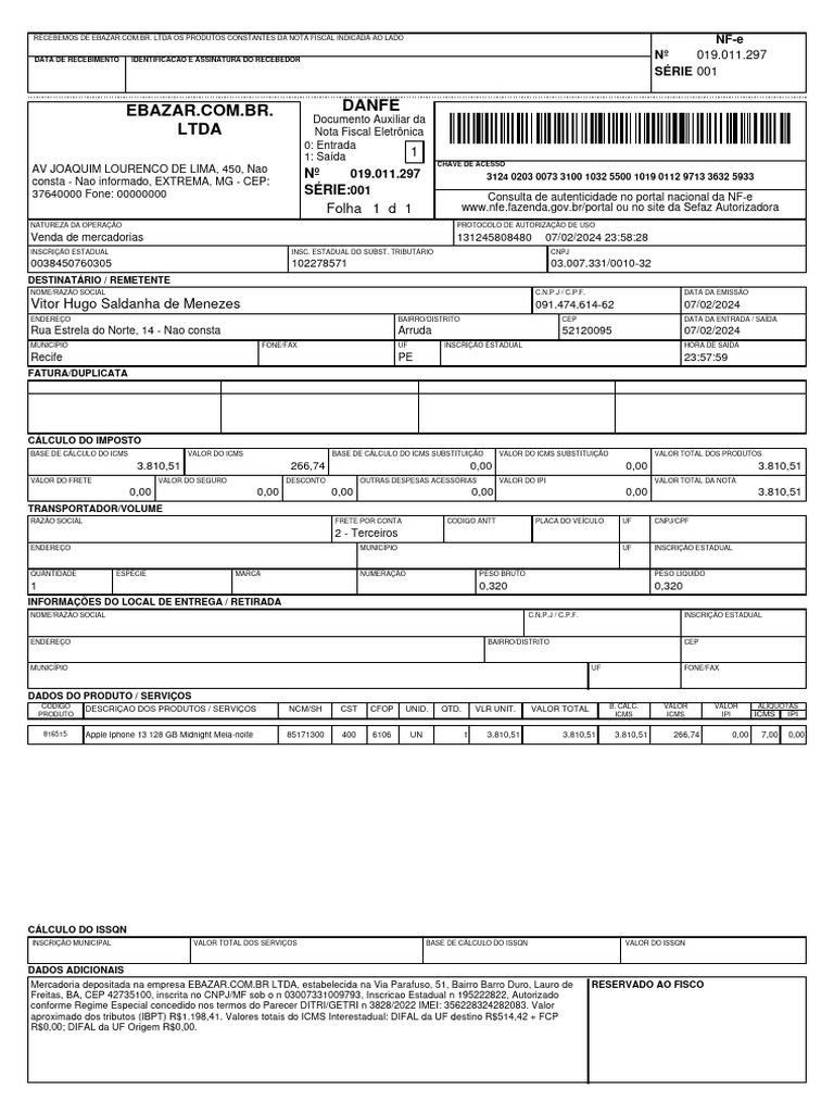 Nota Fiscal Iphone | Download grátis PDF | Recibo | Documentos empresariais