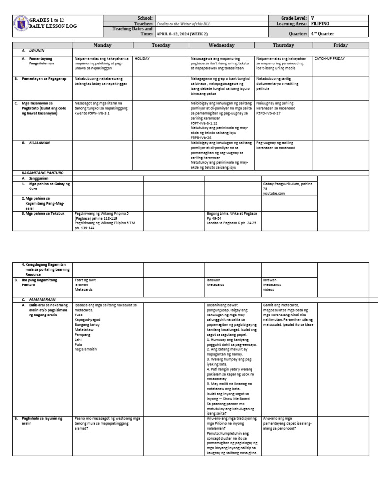 Grade 5 DLL FILIPINO 5 Q4 Week 2 | PDF